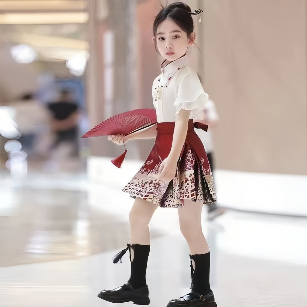 [Dsmyz] Girls Outfit Set Top+Pleated Skirt🎁Free Necklace Children ...