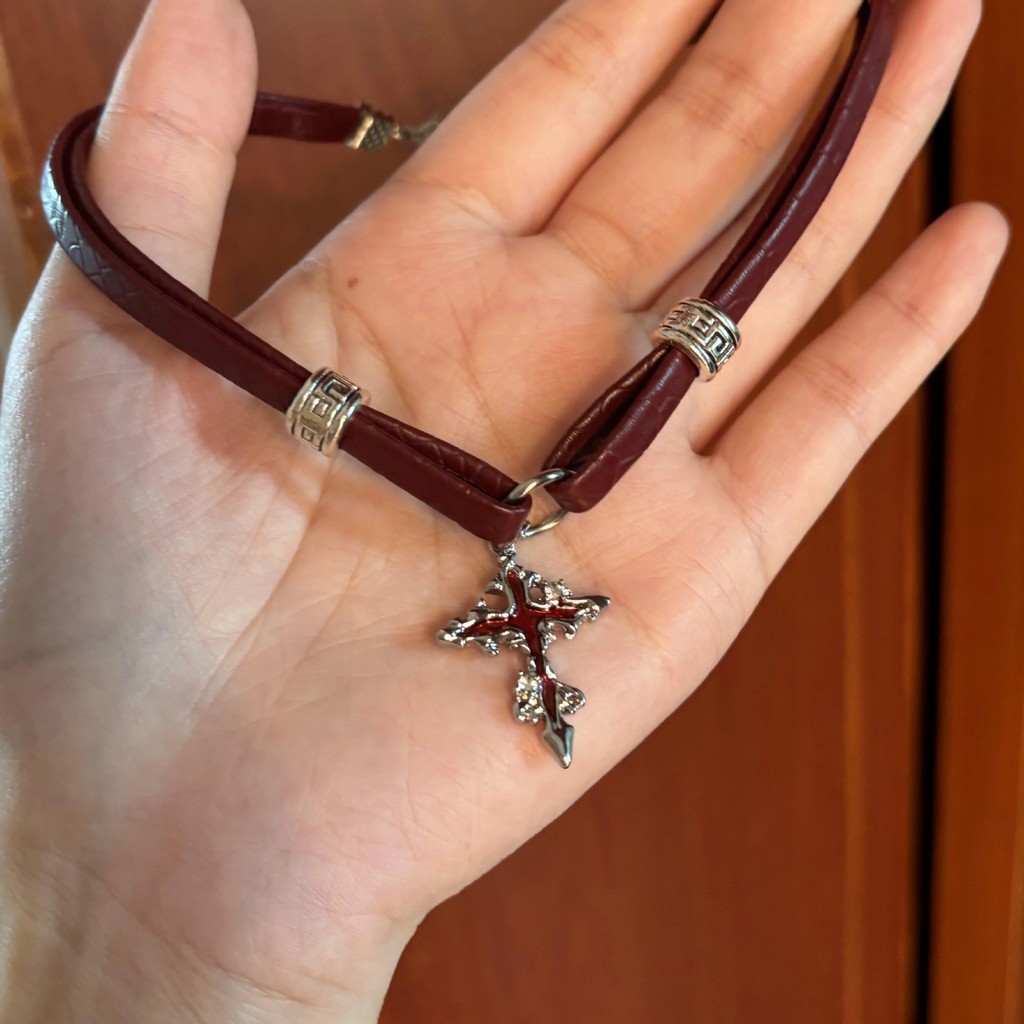 Vintage Wine Red Leather Cross Necklaces for Women Leopard Print Kitten ...
