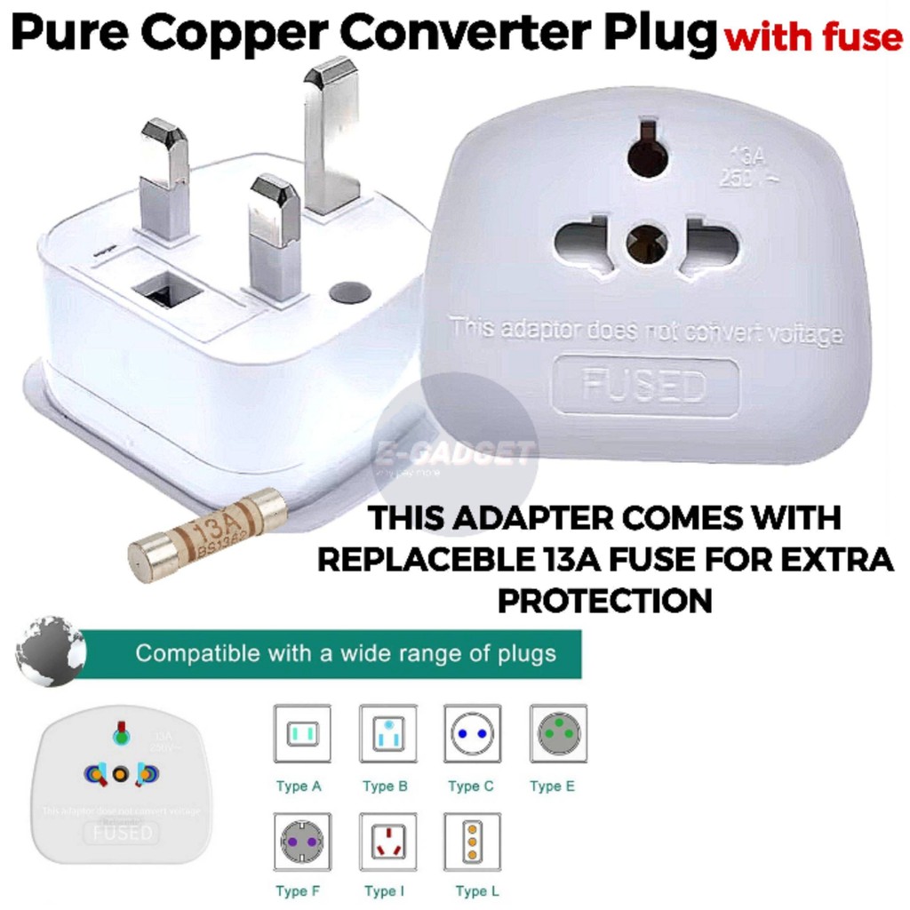 PURE COPPER EU US AU UK CONVERT PLUG WITH FUSED EURO US 2 PIN AU 2 PIN ...