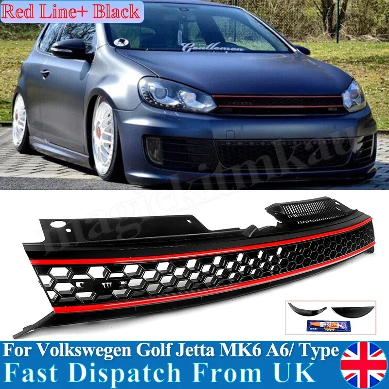 Badgeless Hex Mesh Grille Black W/ Red Trim Fit VW MK6 Golf GTI Jetta ...