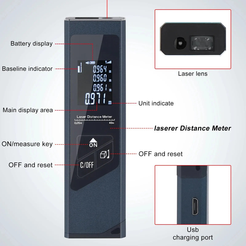 Mini Laser Rangefinder Digital Tape Measure Laser Ruler USB Charge ...