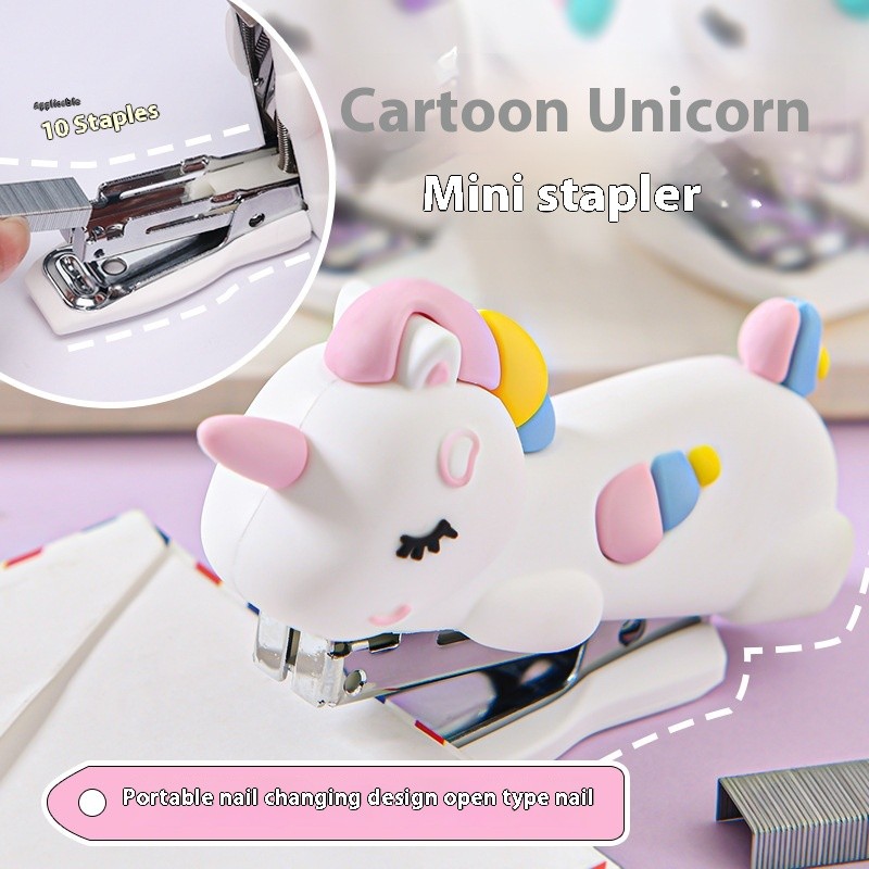 Cartoon Unicorn Mini Stapler Macaron Color Creative Cute Binding Machine Student Stationery ...