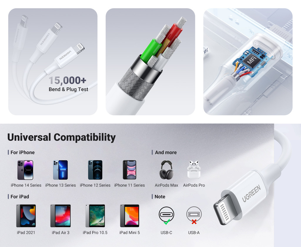 UGREEN MFi PD 60W USB C To Lightning Cable Fast Charging Type C Fast ...