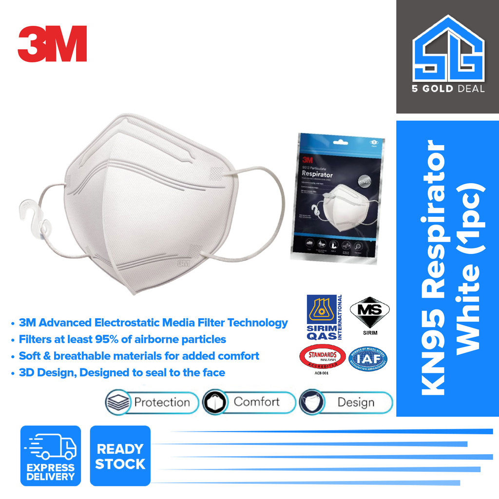 3M 4 Ply Mask Particulate Respirator 9513 KN95 Breathable Electrostatic ...