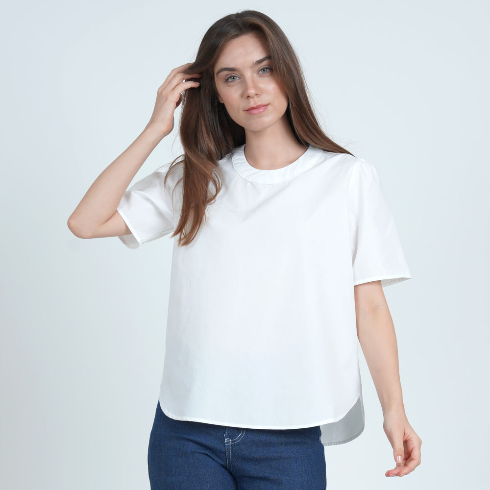 Nicole Round Neckline, Short Sleeve Blouse with Uneven Hemline (3 Color ...