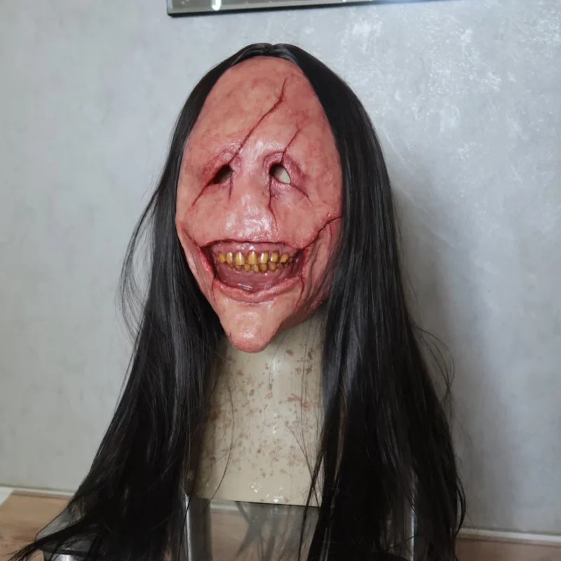 Halloween Horror Long Hair Demon Mask Red Faced Demon Mask Exposed ...