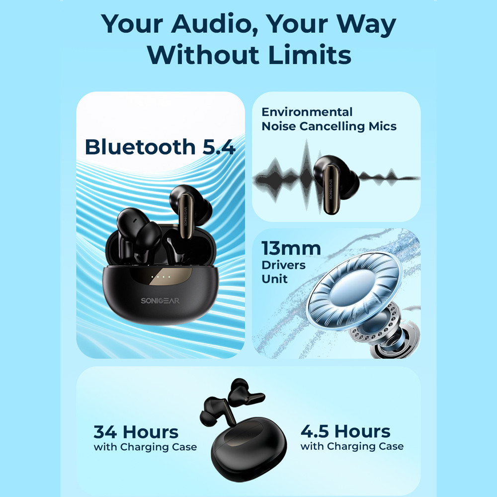 SonicGear EarPump Q5 TWS IPX4 Bluetooth 5.4 50ms Wireless Earbuds | ANC + ENC | 34H Playtime ...