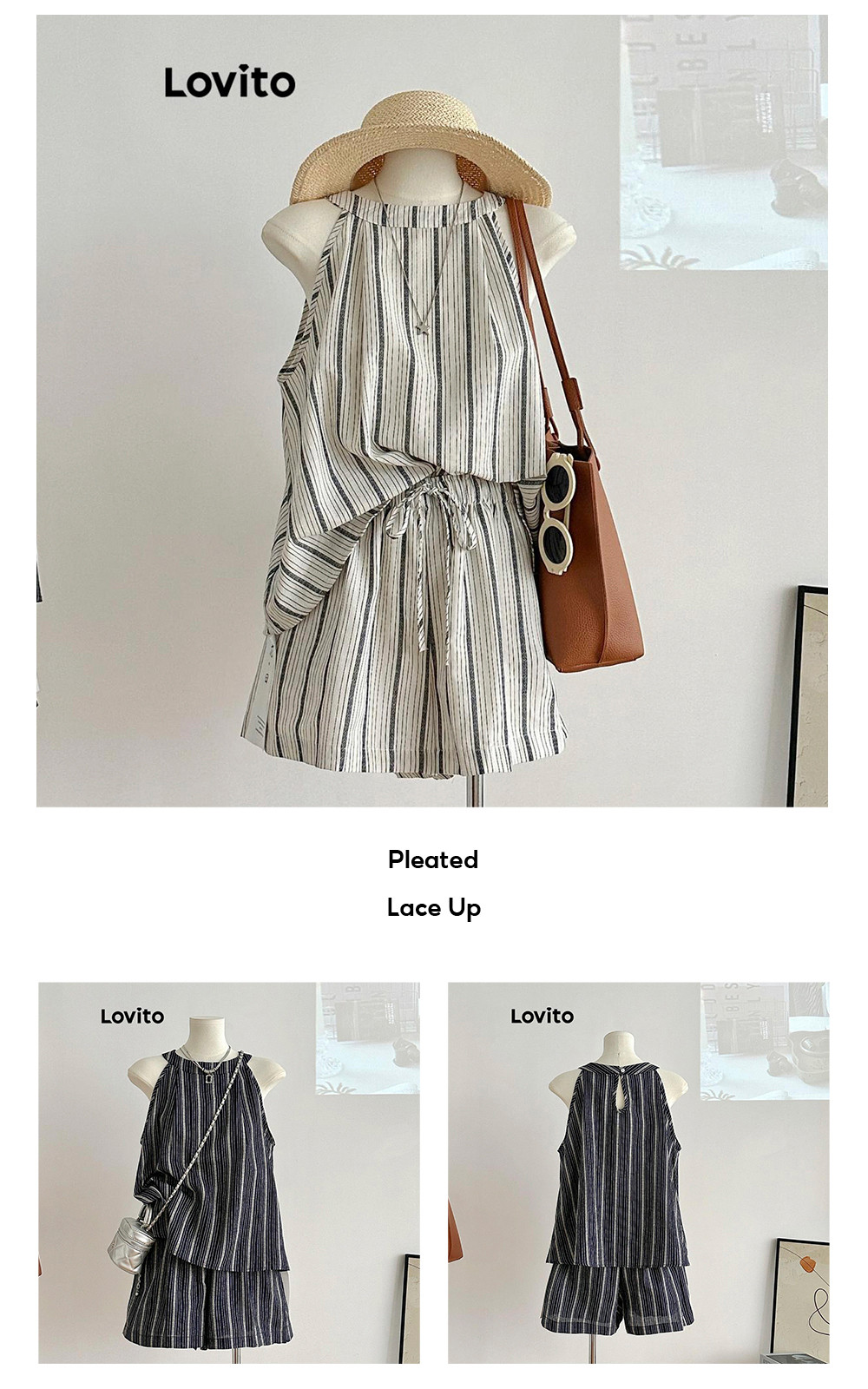Lovito Casual Sets Striped Lace Up Summer/Spring Sets for Women ...