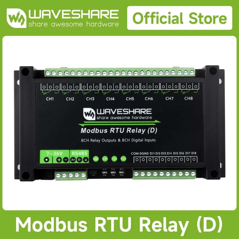 Waveshare Industrial Modbus RTU 8-ch Relay Module (D) With Digital Input and RS485, Modbus RTU ...
