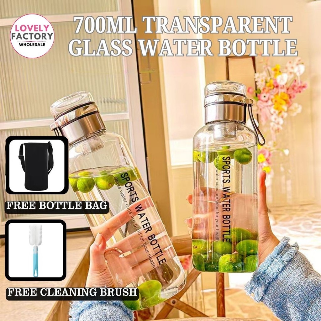 700ML Botol Air Kaca dgn Beg & Berus / Transparent Glass Water Bottle ...