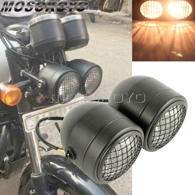 Motorcycle Twin Front Headlight Lamp Mesh Grill Dual Head Lights For ...