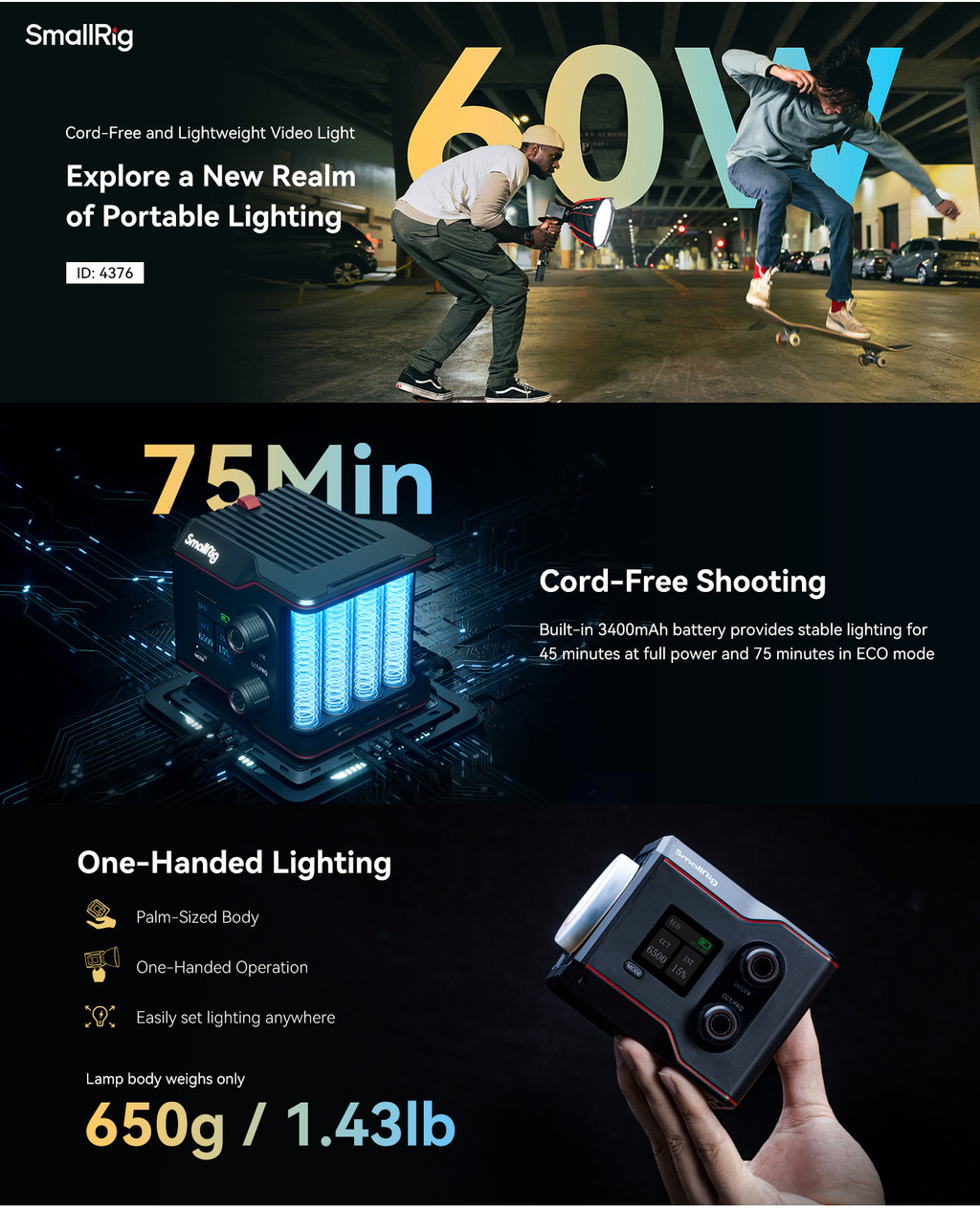 SmallRig RC 60B COB Video Light with Built-in 3400mAh Battery and Type ...