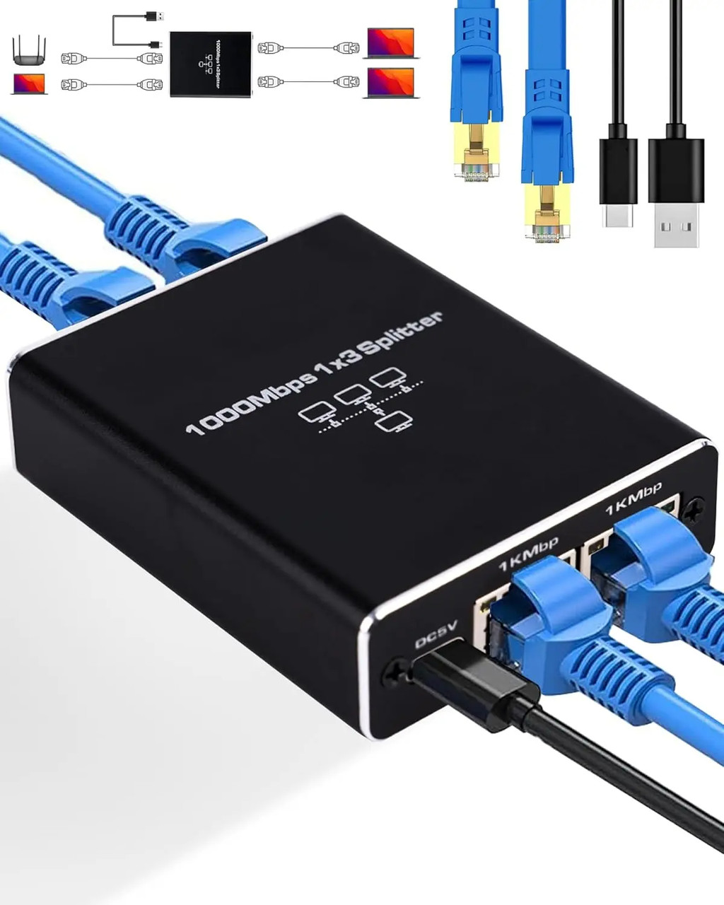 1000Mbps Ethernet Splitter 1 to 3/4 Network Extension RJ45 LAN Internet ...