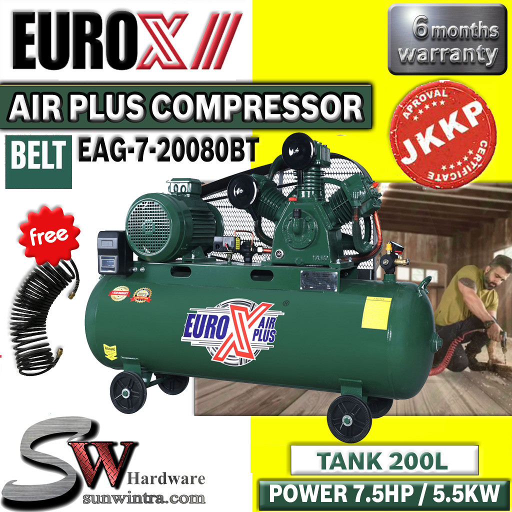 EUROX AIR PLUS AIR COMPRESSOR 7.5HP/5.5KW 200Litre Double piston EAG-7-20080BT - Heavy Duty with ...