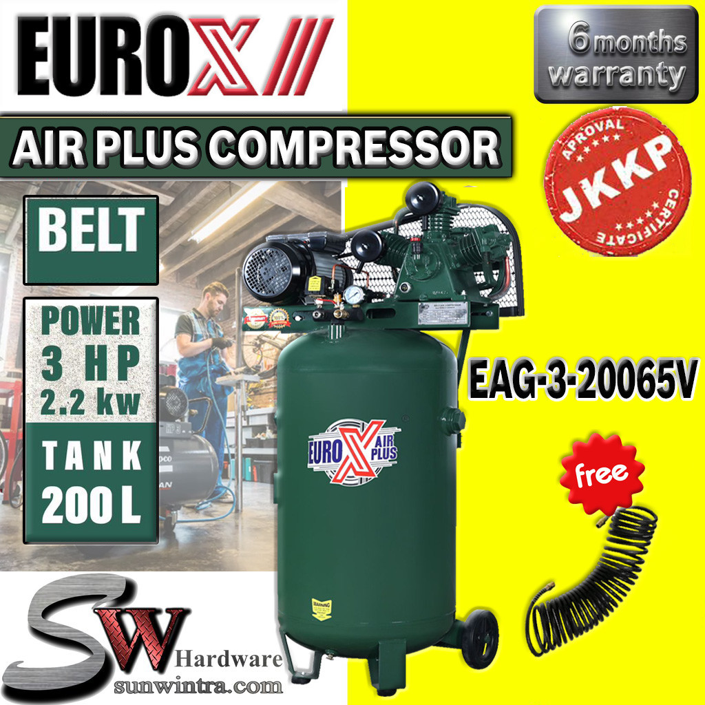 EUROX AIR PLUS AIR COMPRESSOR 3HP/2.2KW 200Litre Double piston EAG-3-20065V - Heavy Duty with ...