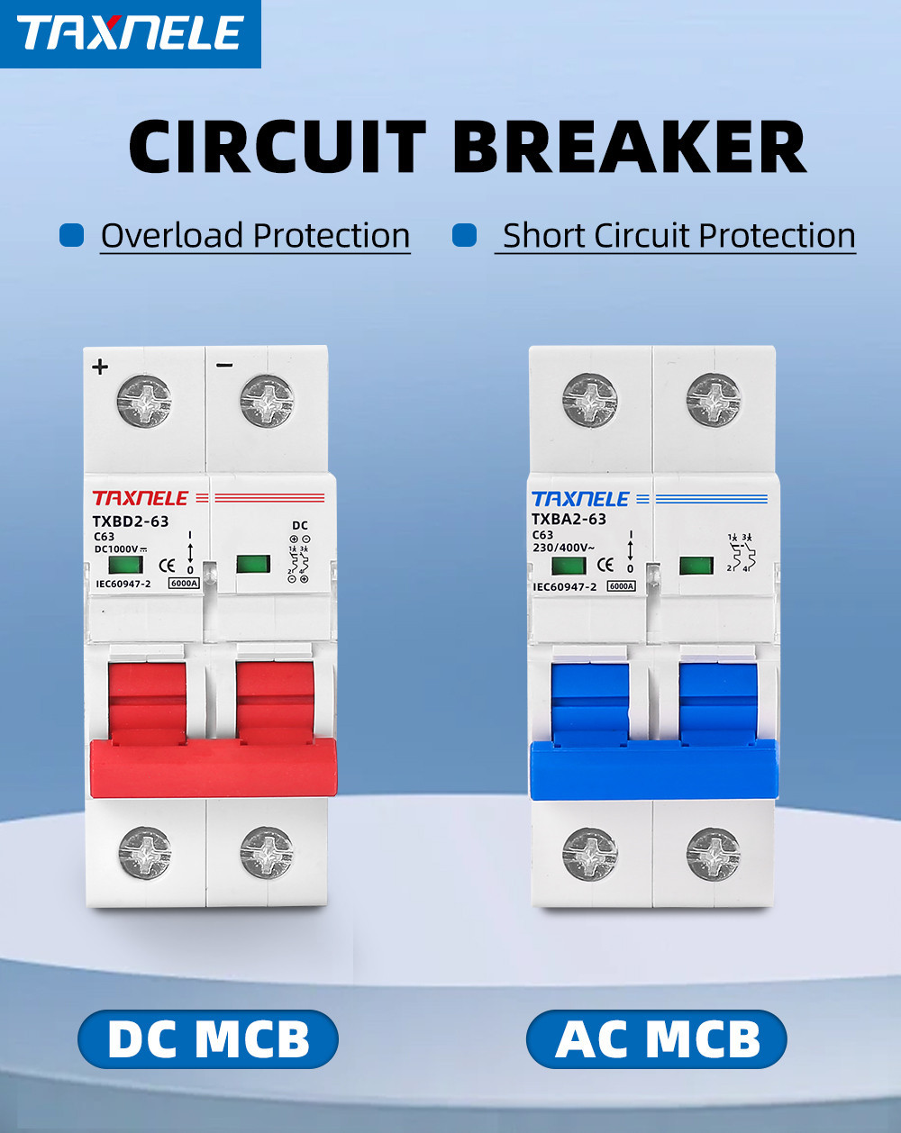 2P AC DC 1000V MCB Solar Mini Circuit Breaker Overload Protection Switch 20A 40A 63A ...
