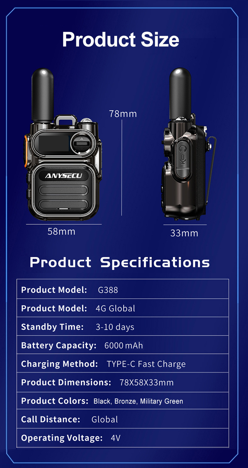 ANYSECU G388 4G Network Radio RTOS System GLOBAL-PTT POC Walkie Talkie ...