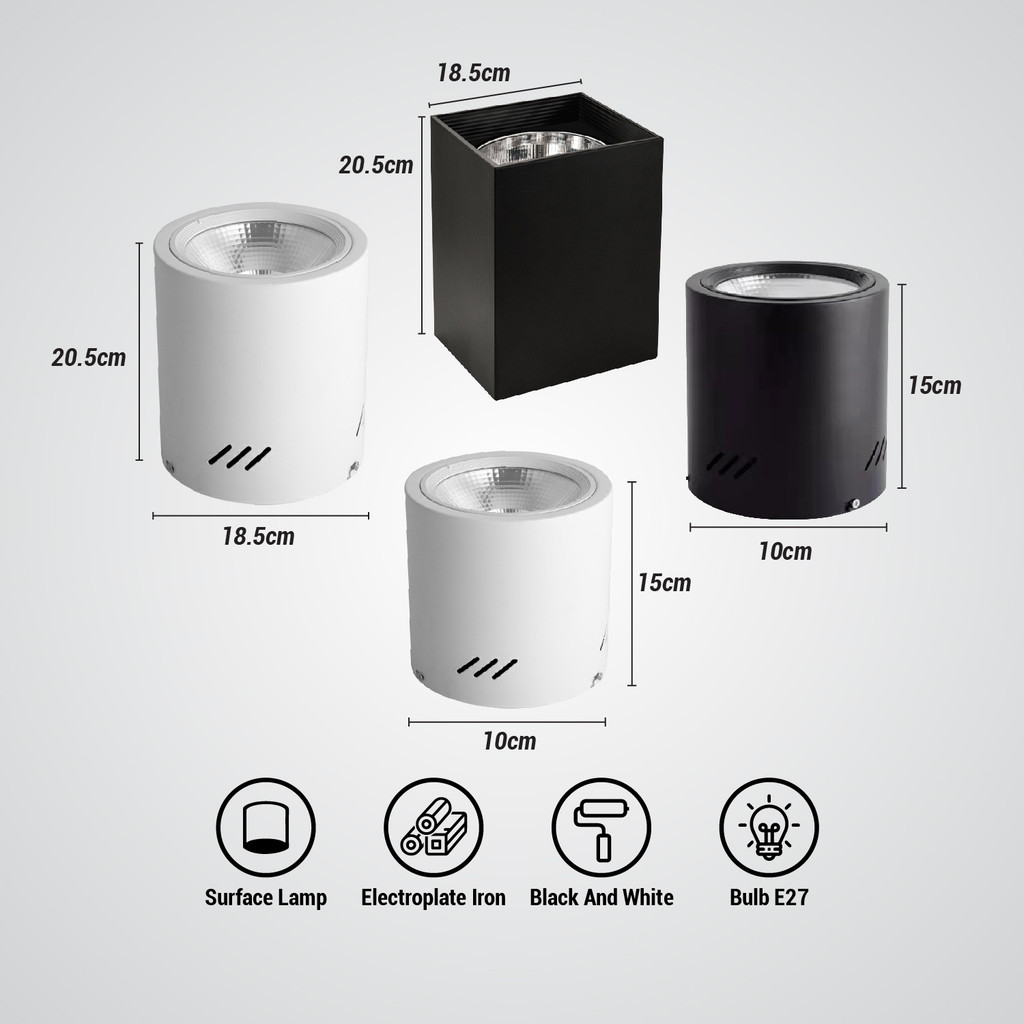 E27 Square / Round Ceiling Surface Downlight Casing 4”/6”/8” LED ...