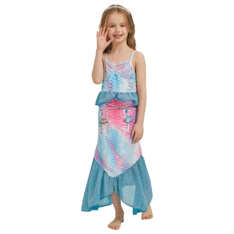 Princess Ariel Blue Purple Dress For Kids Girl Fishtail Gown Little ...