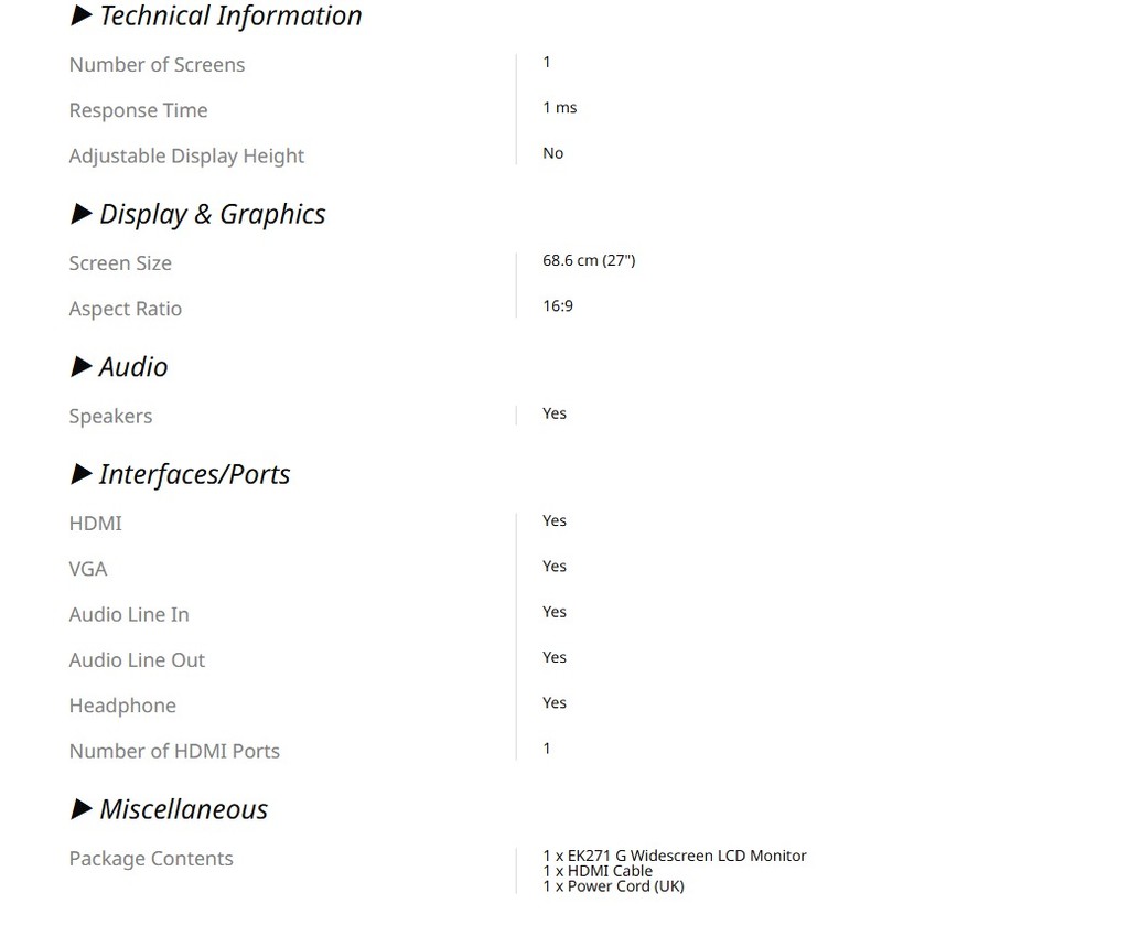 Acer EK271G 27" Inch Full HD Monitor IPS 120Hz 1ms VRB 99 Percent sRGB ...