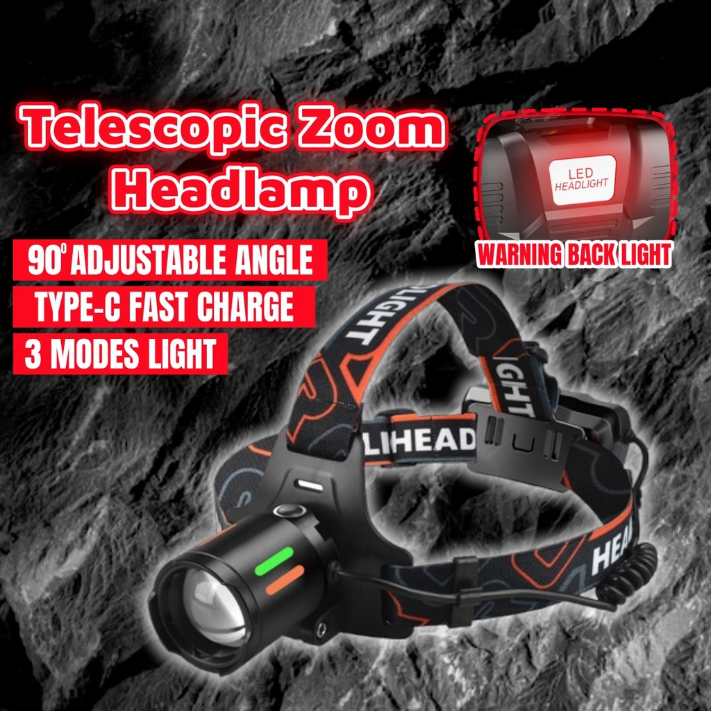 Telescopic Zoom 3 Modes Head Light White Laser Headlamp With Warning ...