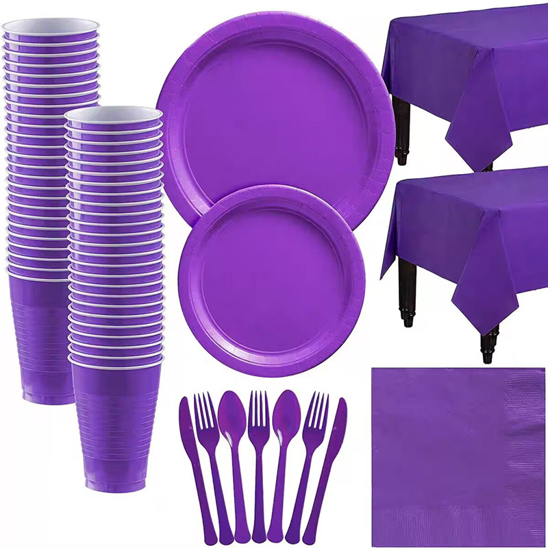 Solid Color Disposable Tableware Set Red/blue/yellow/purple Tablecloth ...
