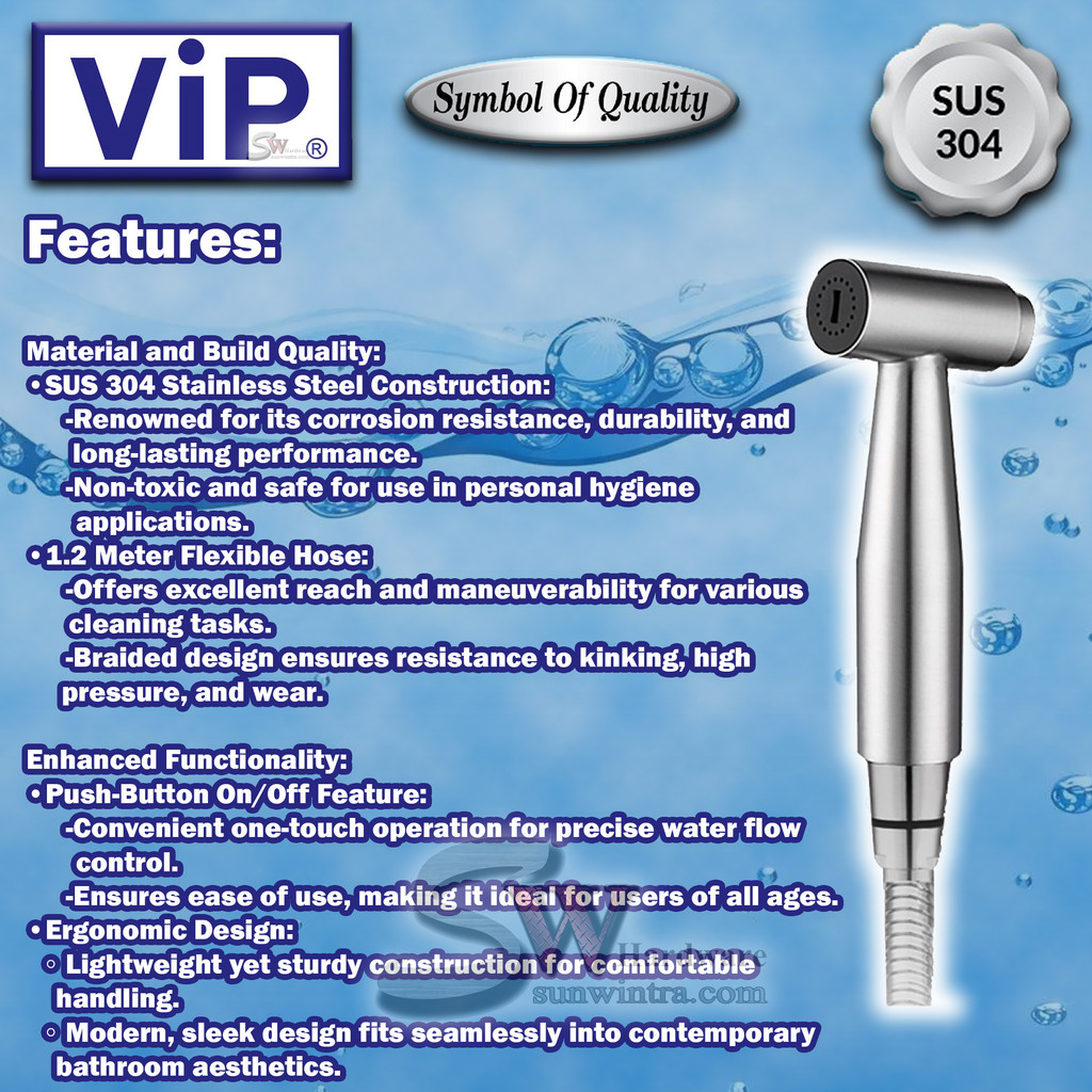 VIP SUS304 STAINLESS STEEL PUSH BUTTON HAND BIDET SET WITH 1.2M HOSE BIDET SET #SS-6668 SS6668 ...