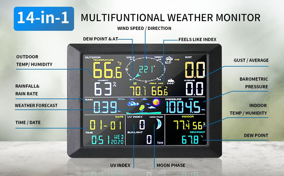 Professional WiFi Weather Station Internet Wireless with Outdoor Sensor ...