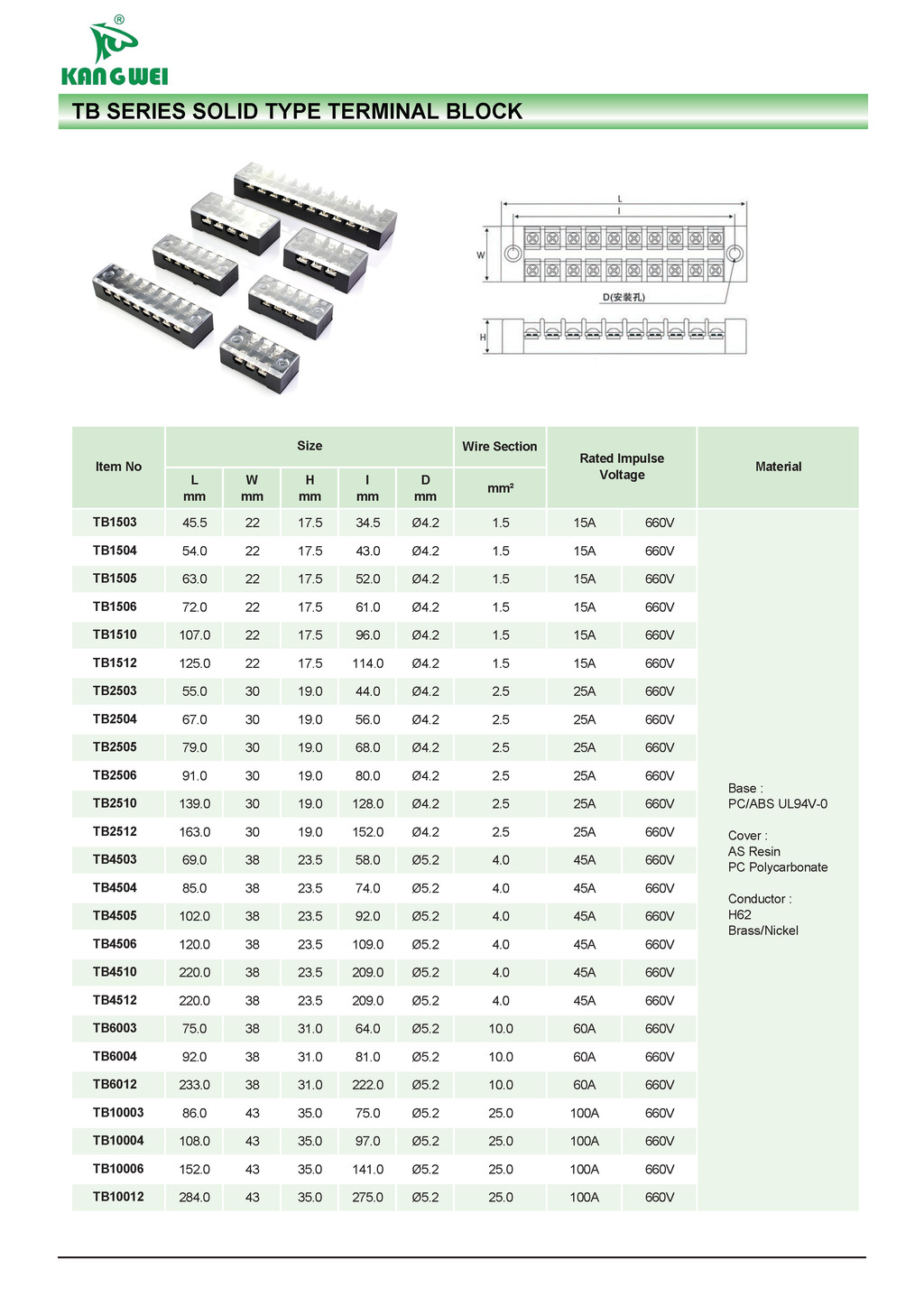 KW TB Series 45A 60A 100A Terminal Block Barrier Strip Solid Type ...