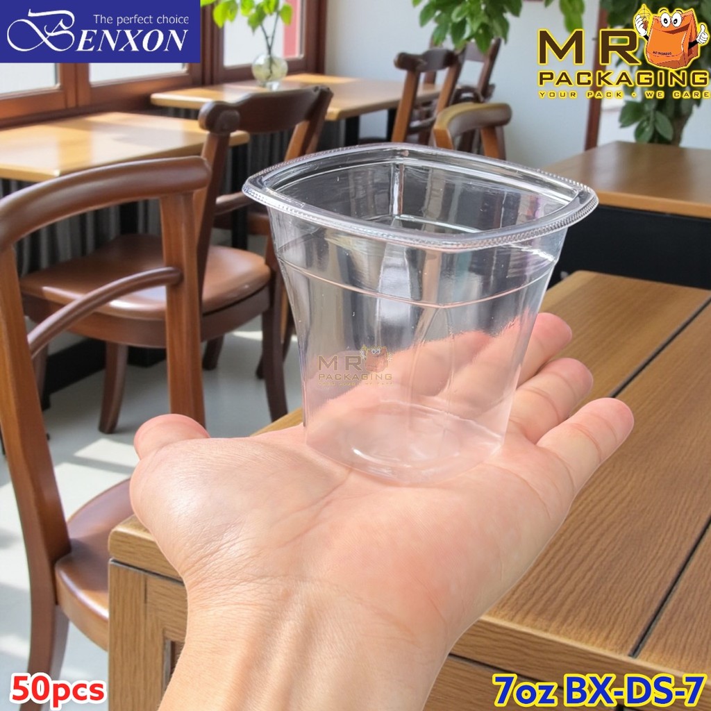 Benxon Dessert Cup 5oz 7oz & Lid ( 50pcs ) Clear PET Square Snap Lock ...