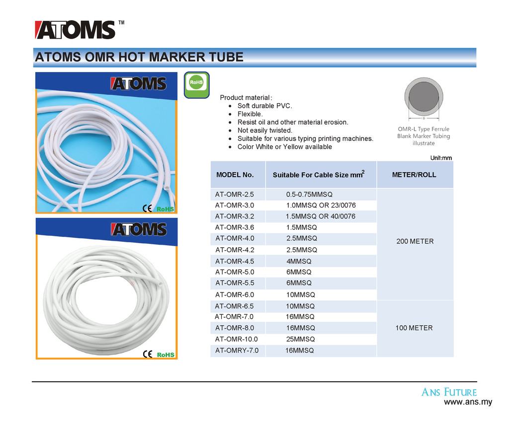 ATOMS OMR Hot Marker Tube RoHS 2.0 PVC Cable Marking Tube Paper Roll ...