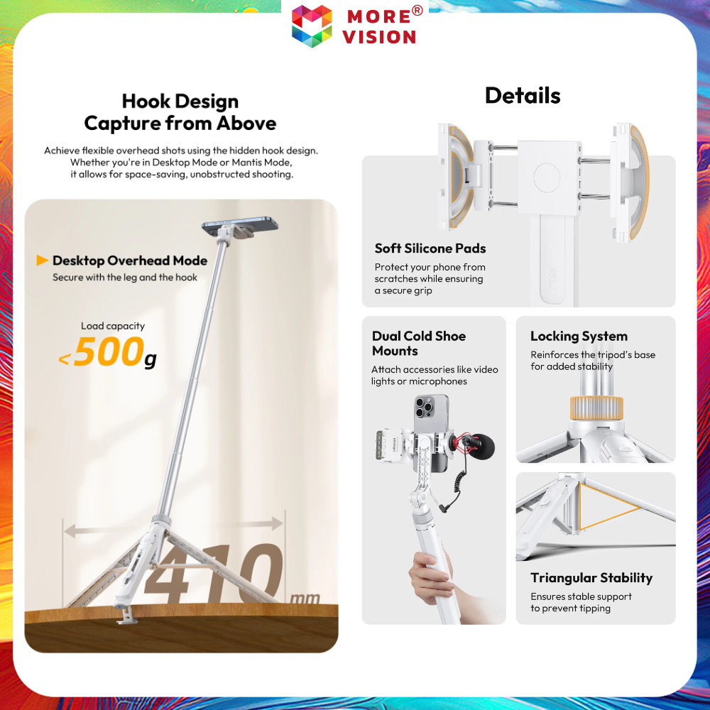 Ulanzi TT88 Overhead Selfie Stick Tripod Stand Phone Holder 4-in-1 Mode ...