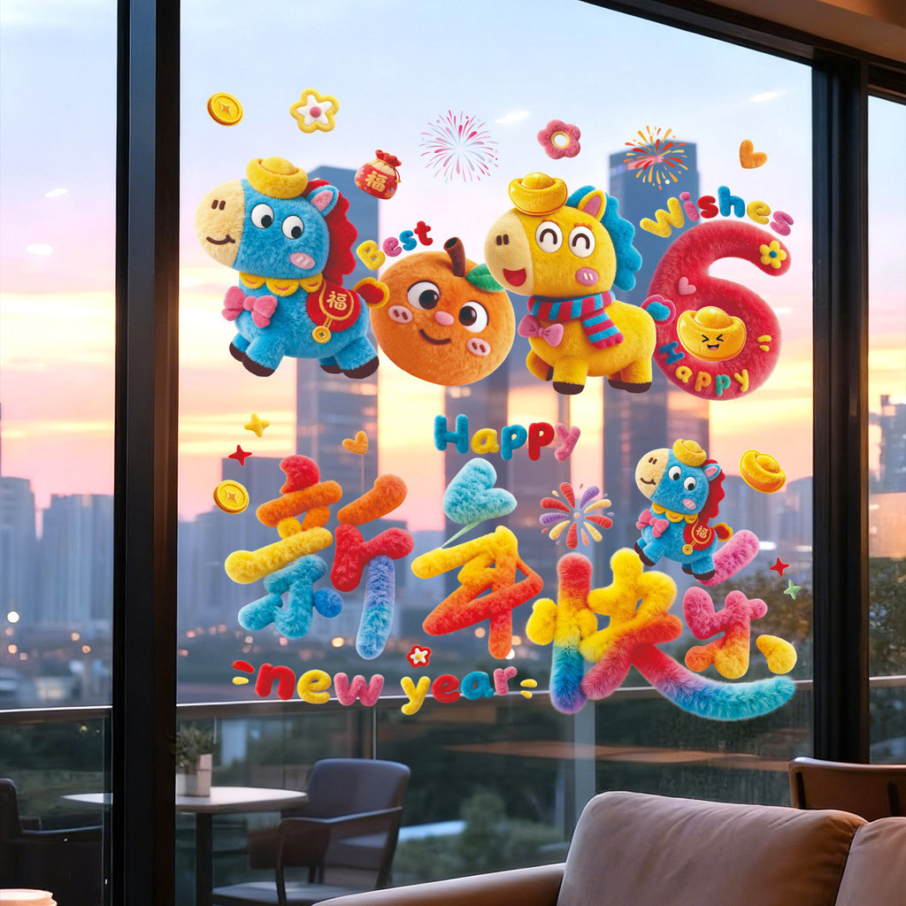 2026 CNY Horse Year 5D Furry Window Sticker Static Cling Glass Decor ...