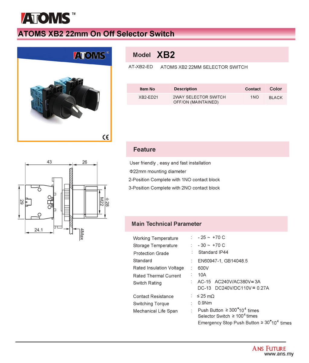 ATOMS XB2 22mm 2 Way On Off Selector Switch With 1N/O Contact Block 2 ...