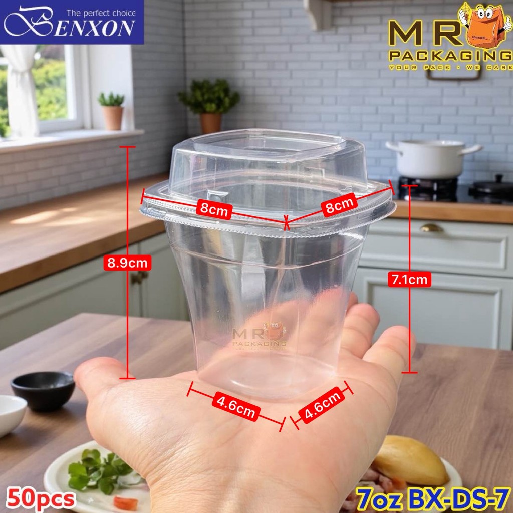 Benxon Dessert Cup 5oz 7oz & Lid ( 50pcs ) Clear PET Square Snap Lock ...