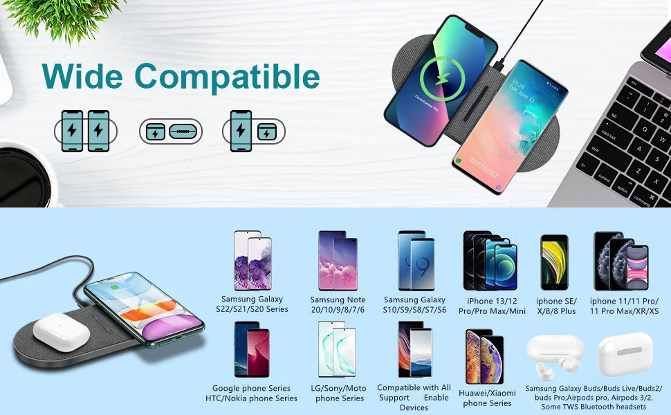 40W Fast Dual 2 in 1 Wireless Charger Pad for Airpods 3 Pro iPhone 8 X ...