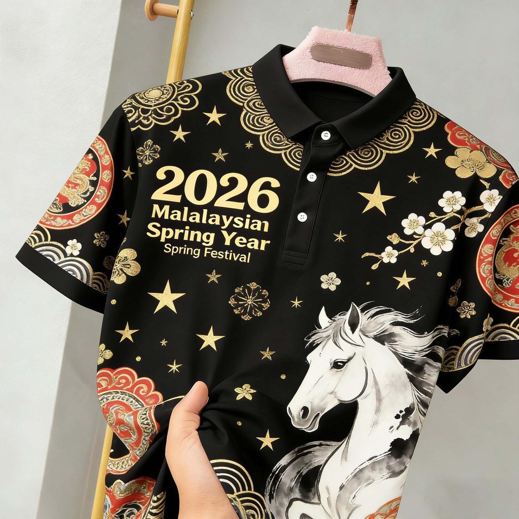 Spring Festival Ink Horse Motif Polo 2026 Golden Star Plum Blossom ...
