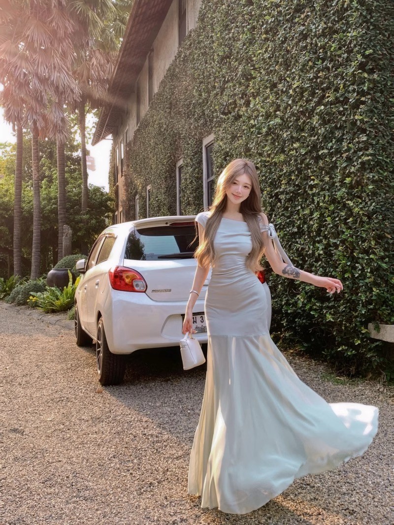 High-Quality French Off-the-Shoulder Green Dress with Tulle Fishtail ...