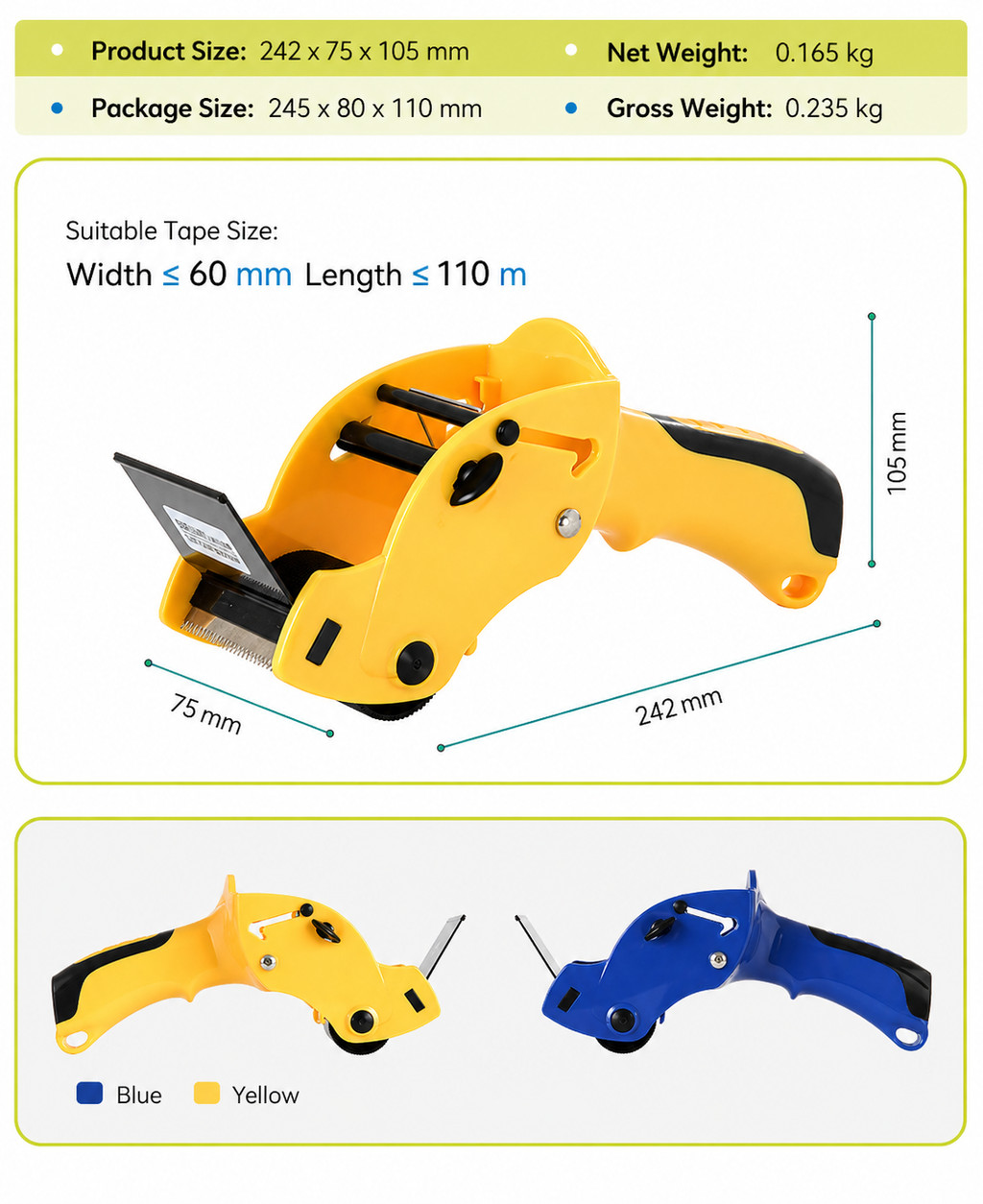 YORI Heavy Duty Tape Dispenser 6cm Packing Tape Cutter Handheld Carton ...