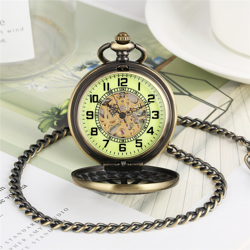 Mens Vintage Bronze Manual Mechanical Pocket Watch with Pocket Chain ...
