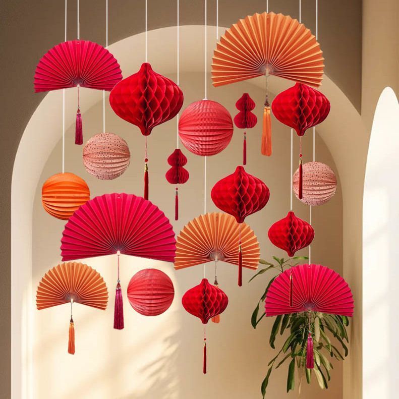 CNY Hanging Paper Lantern Decoration Set Origami Lanterns Fans Ceiling ...