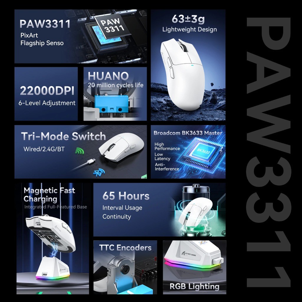 ATTACK SHARK X11 Triple Mode Gaming Mouse PAW3311 Ultra-Light Optical ...