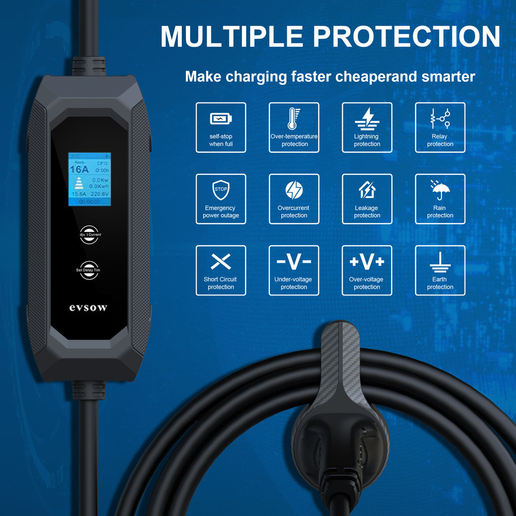 evsow Type 2 EV Charger 16A 3.5Kw Portable Electric Car Charger With 3 ...