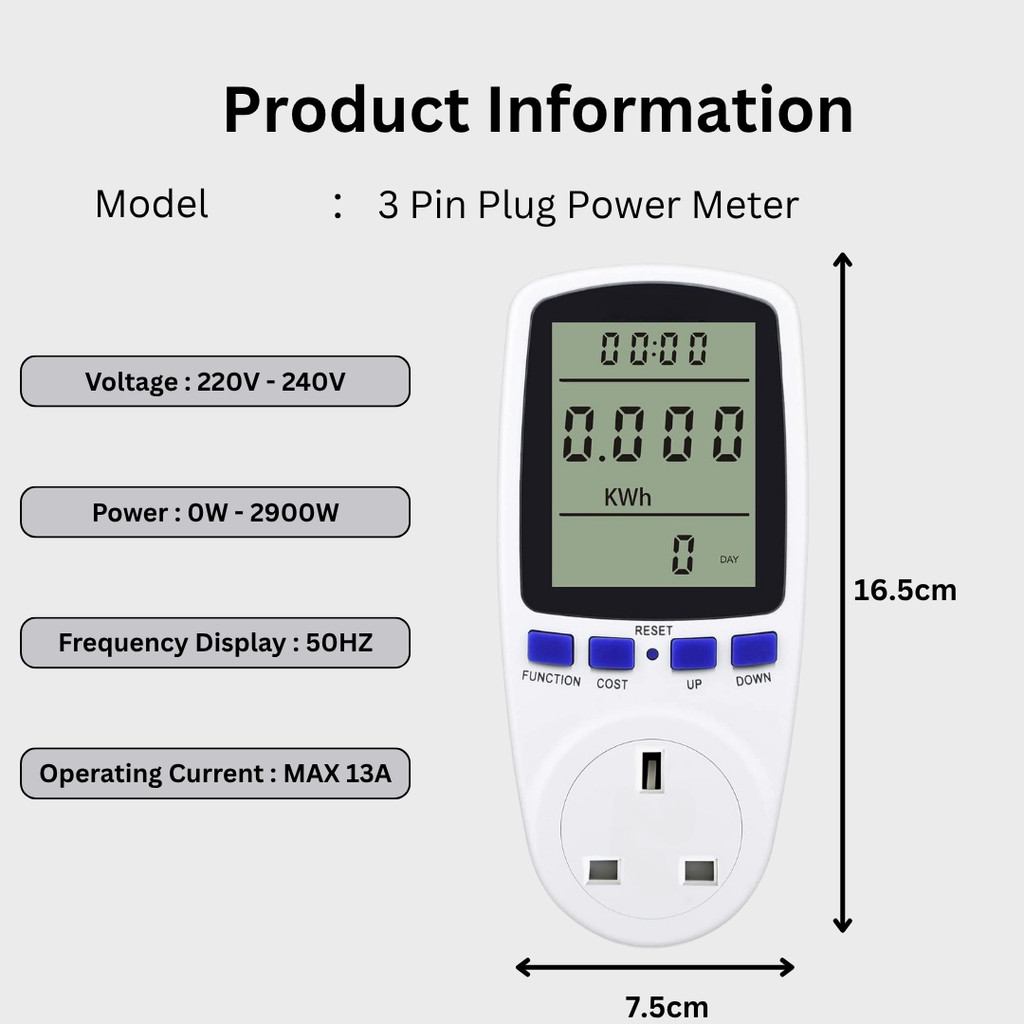 3 Pin Plug Power Consumption Monitor Cost Timer Checker Backlight ...
