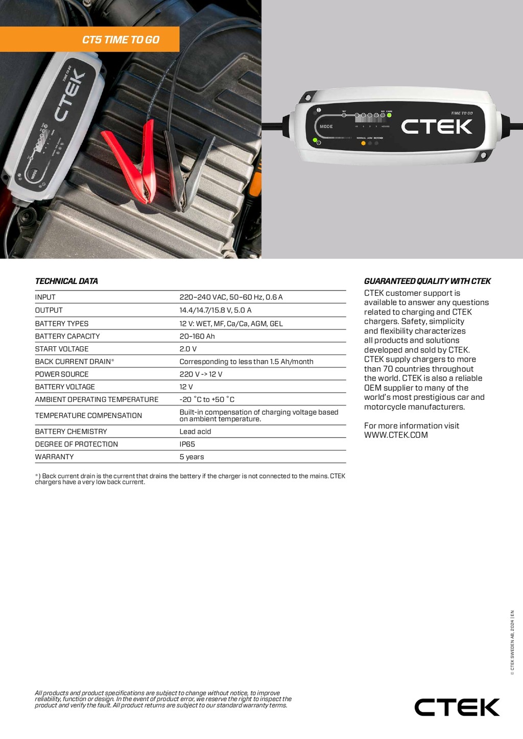 CTEK CT5 TIME TO GO Smart Car Battery Charger 6 in 1 Value Pack ...