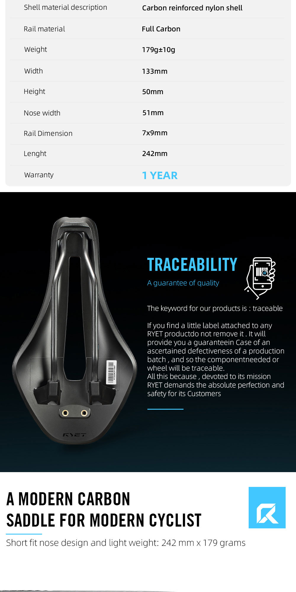 2025 RYET TT01 3D Printed Triathlon Saddle Carbon Fiber Rail, 242x133mm 179g Short Nose Aero ...