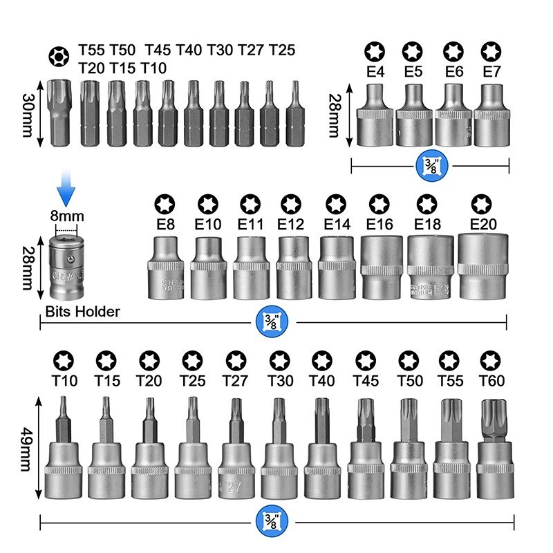 34 Pcs E Torx Bit Drive Set 1/4”,3/8” E4-E24 E Torx Star Female Bit ...