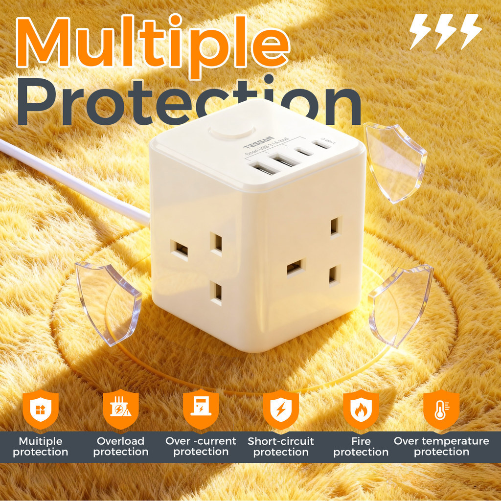 TESSAN Cube Socket Multi Plug Extension Plug Adapter Type C and Swtich ...