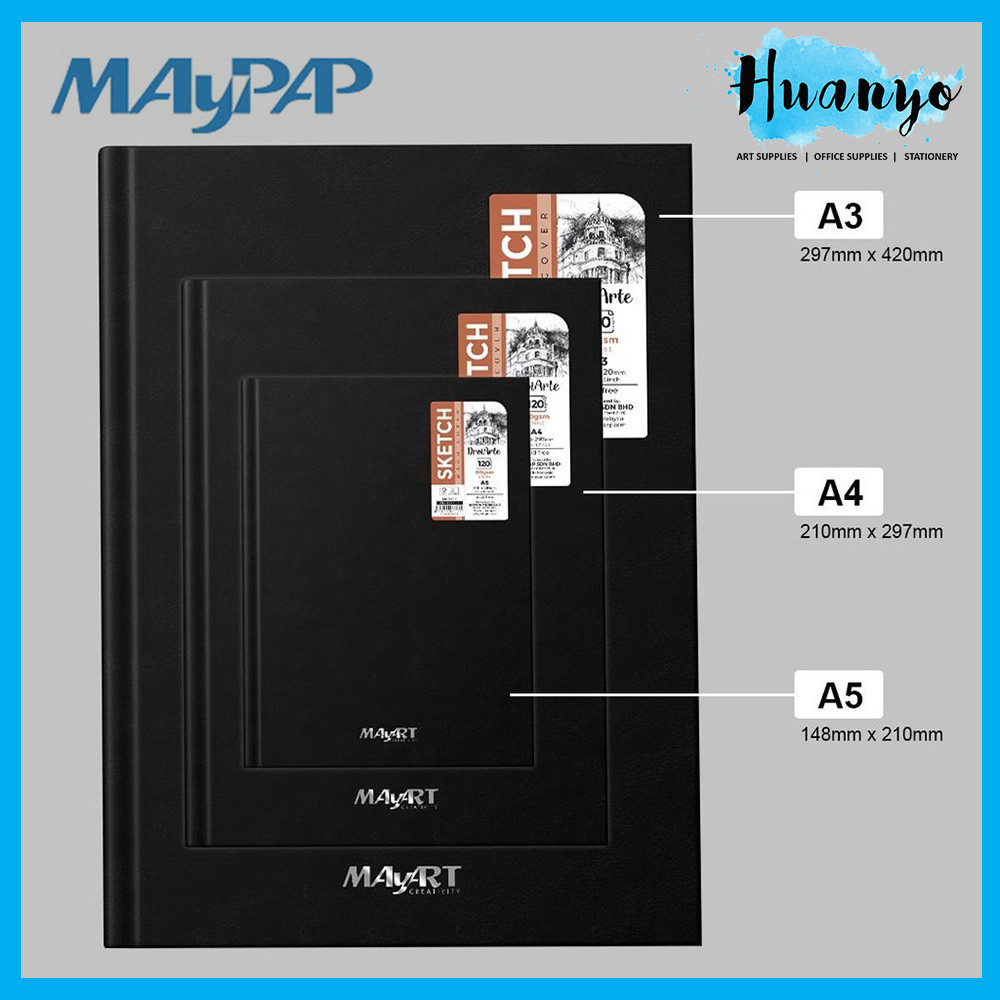 MayArt Black Hard Cover Sketch Drawing Book 110gsm A4, 120 Pages (White ...