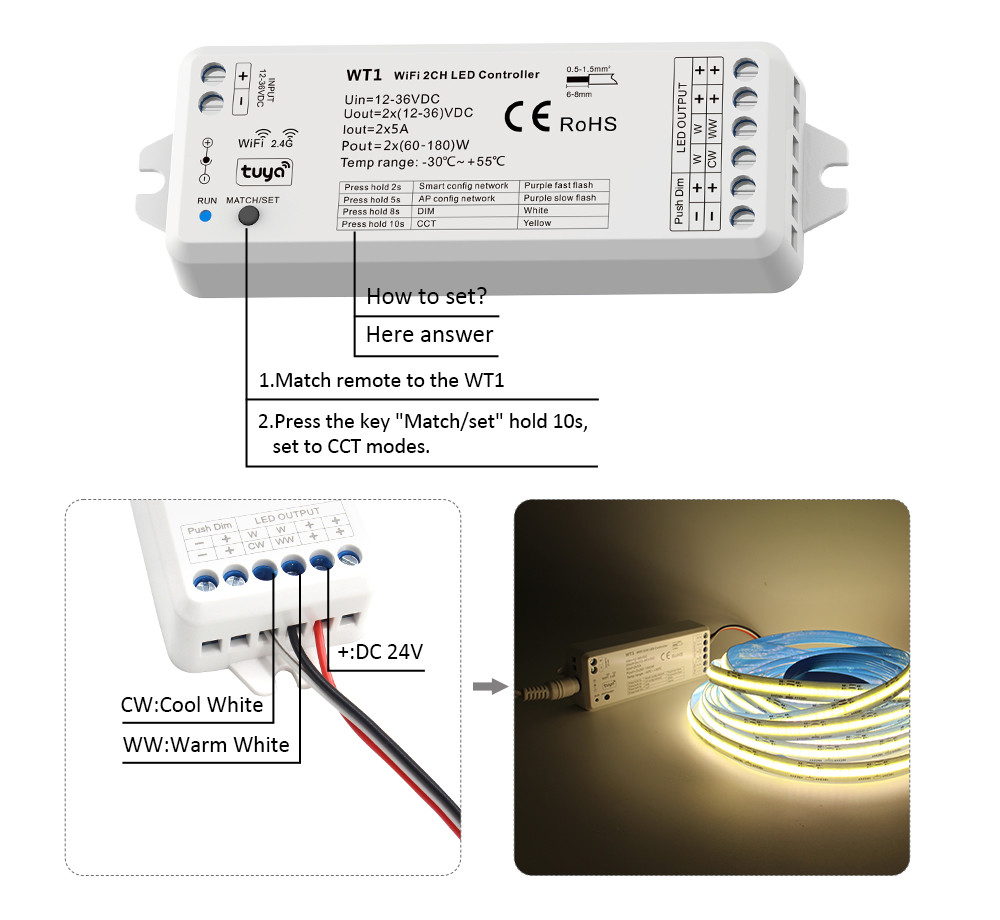 12V 24V WT1 Wifi Tuya Smart CCT Controller 2CH 5A WW CW Strip LED ...